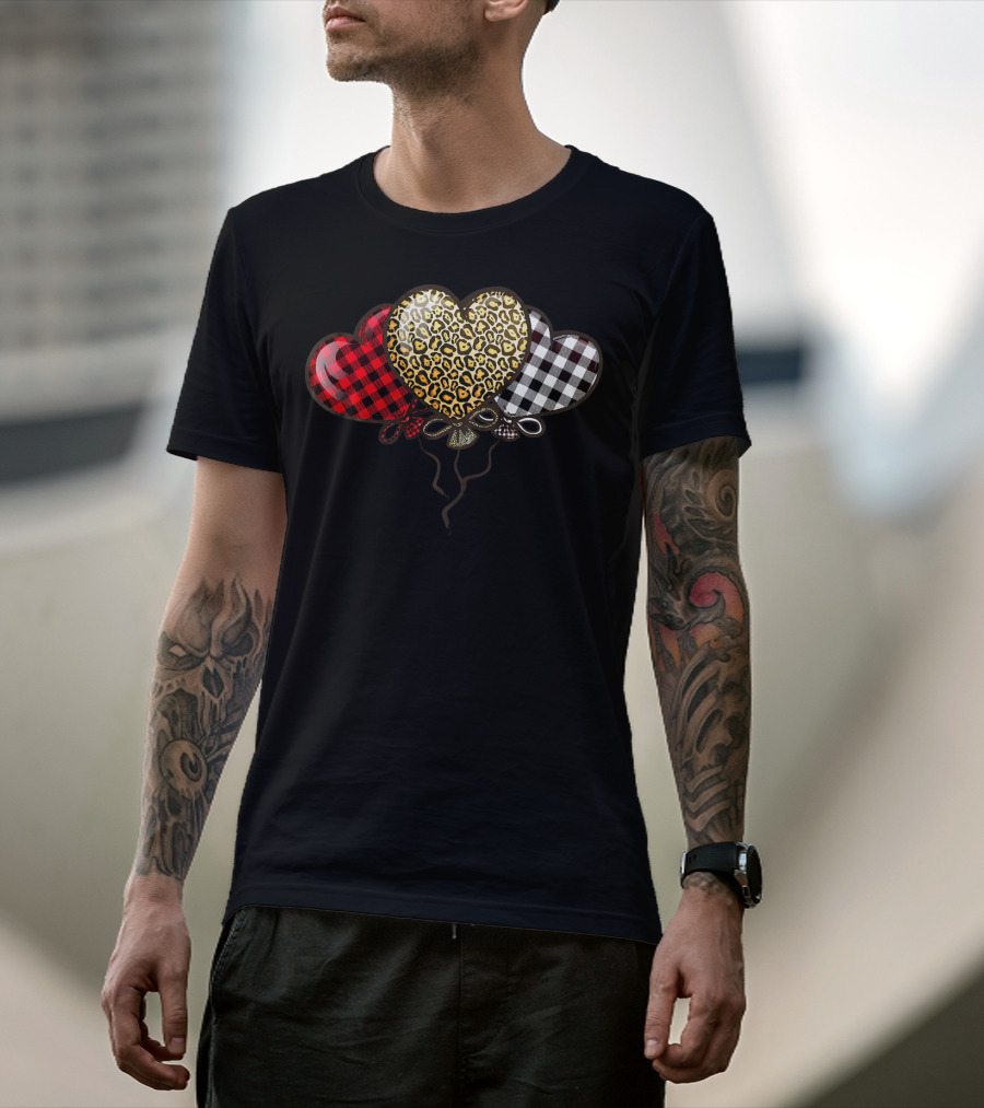 Three Balloons Hearts Buffalo Plaid Leopard T-Shirt