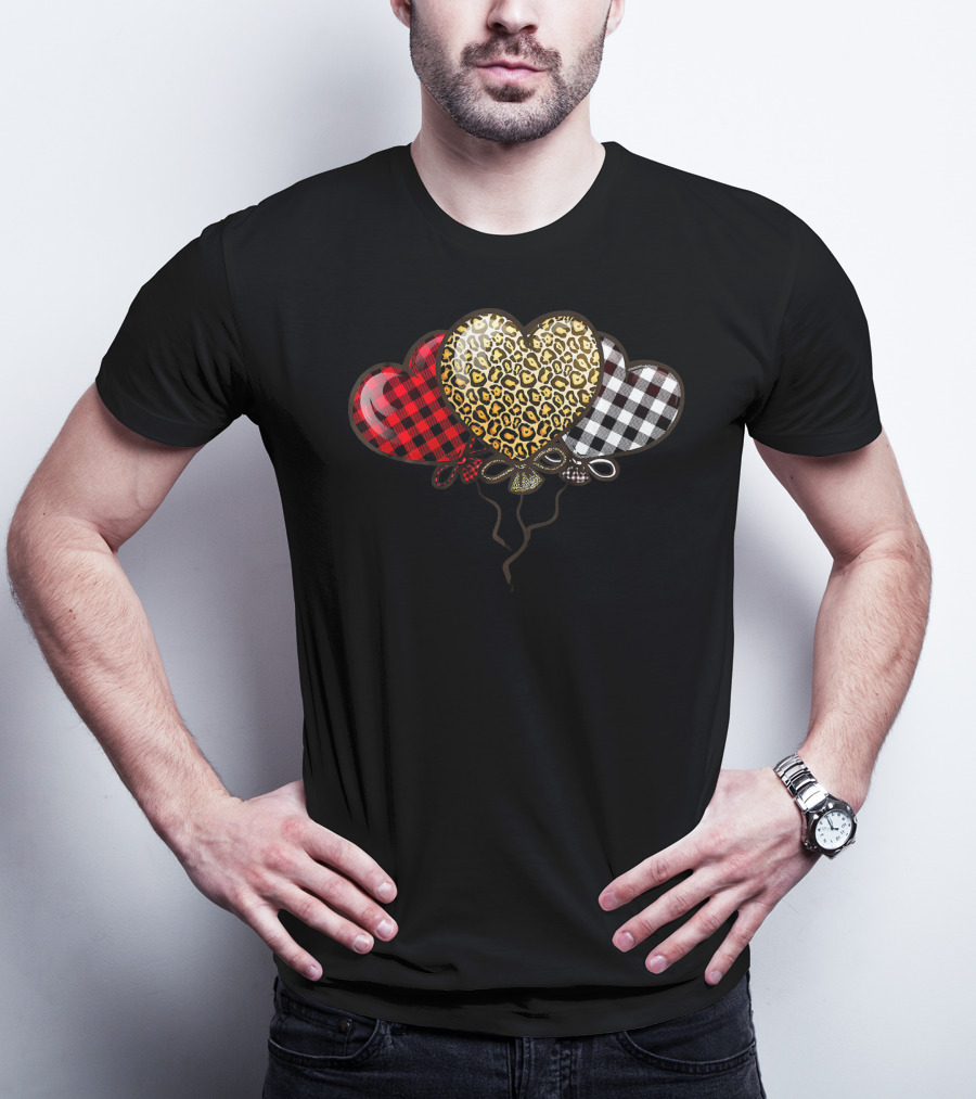 Three Balloons Hearts Buffalo Plaid Leopard T-Shirt
