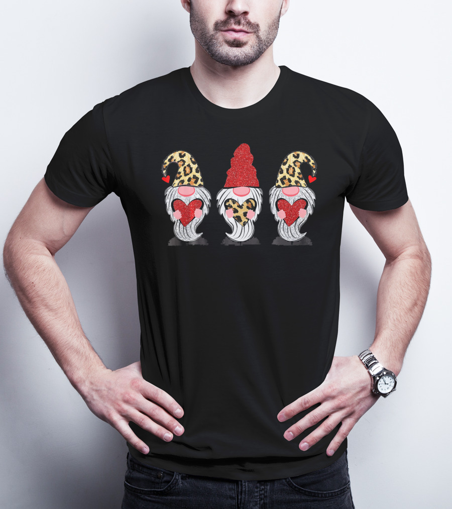 Three Gnomes With Leopard Hats And Glitter Hearts T-Shirt