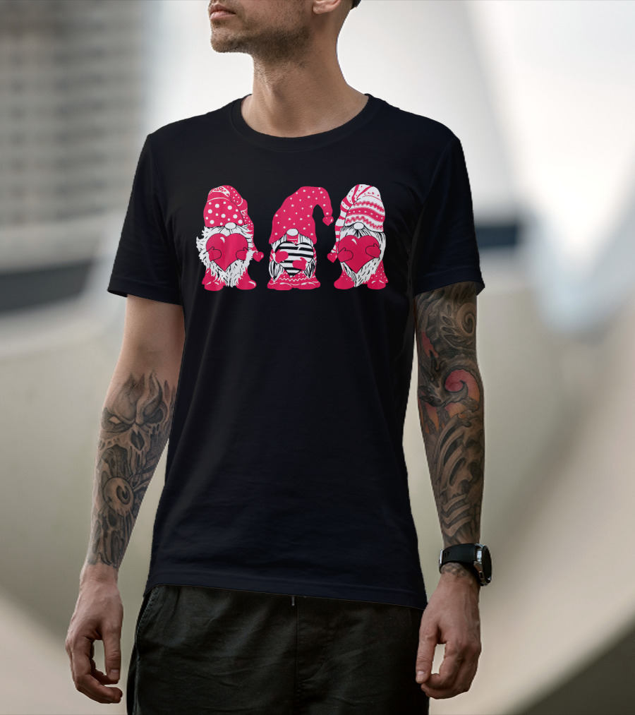 Three Pink Gnomes Holding Love Hearts Valentine T-Shirt