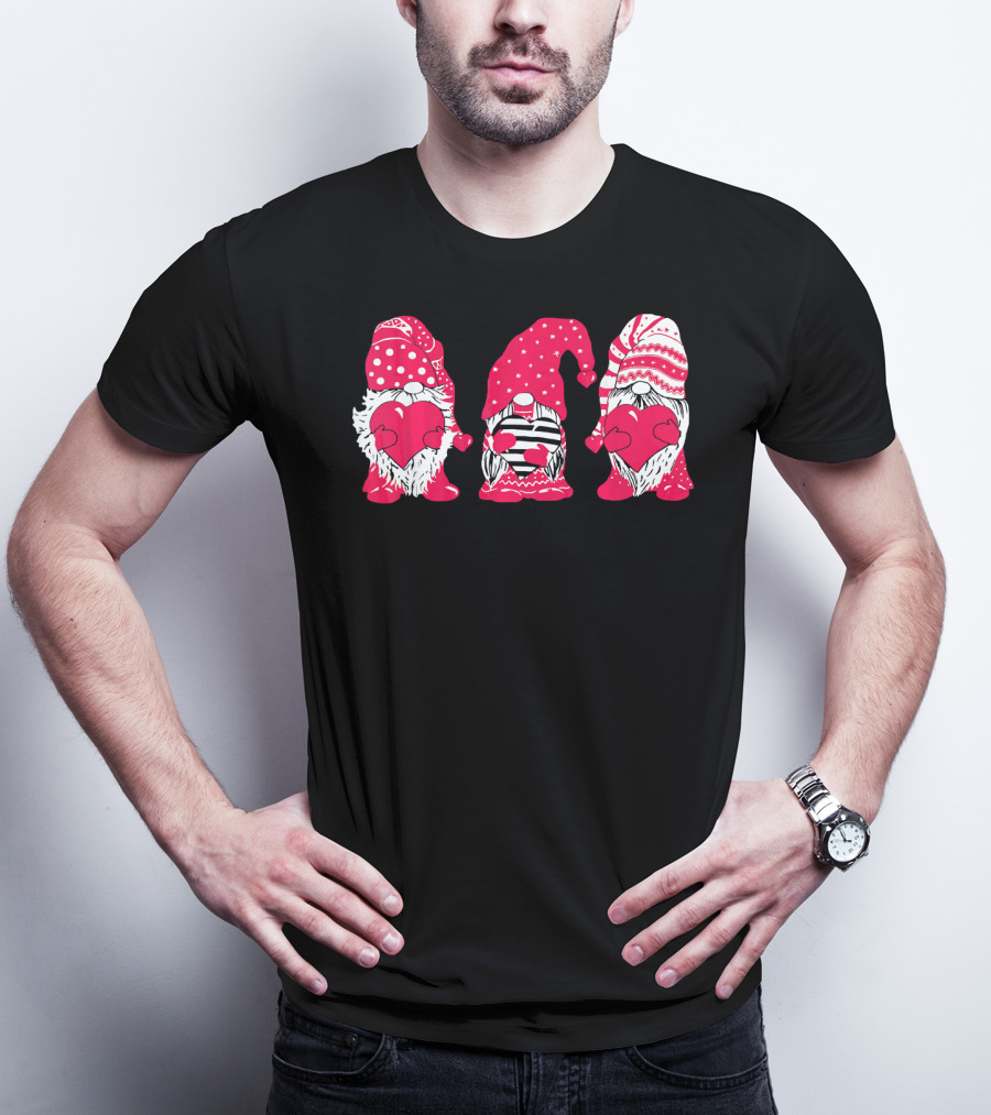 Three Pink Gnomes Holding Love Hearts Valentine T-Shirt