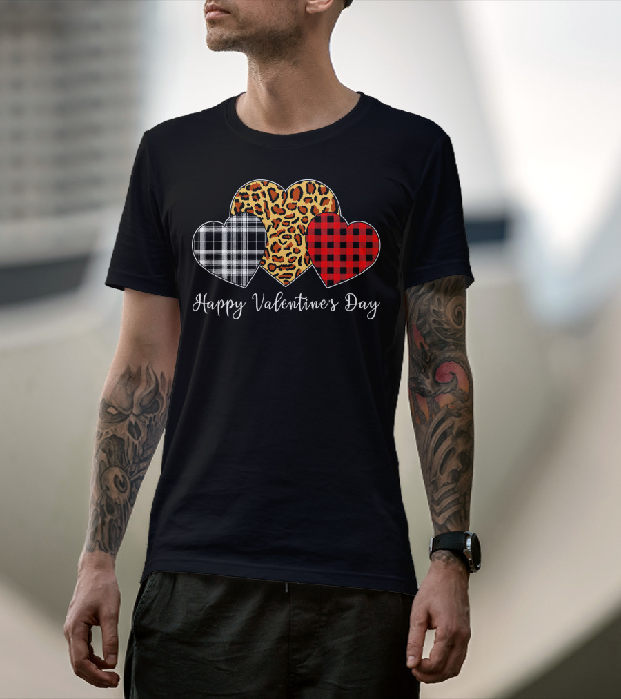 Happy Valentine's Day Three Hearts Leopard Buffalo Plaid T-Shirt