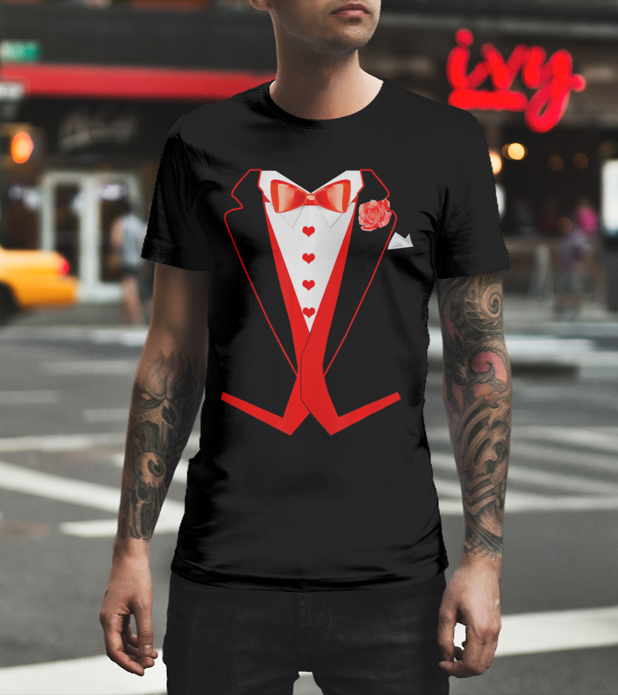 Tuxedo Red Hearts Cool Funny Valentines Bow Tie Rose T-Shirt