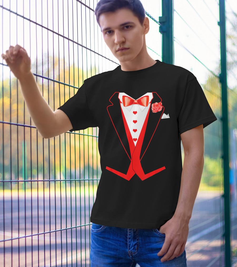 Tuxedo Red Hearts Cool Funny Valentines Bow Tie Rose T-Shirt