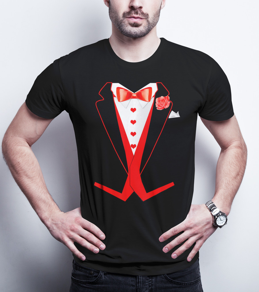 Tuxedo Red Hearts Cool Funny Valentines Bow Tie Rose T-Shirt