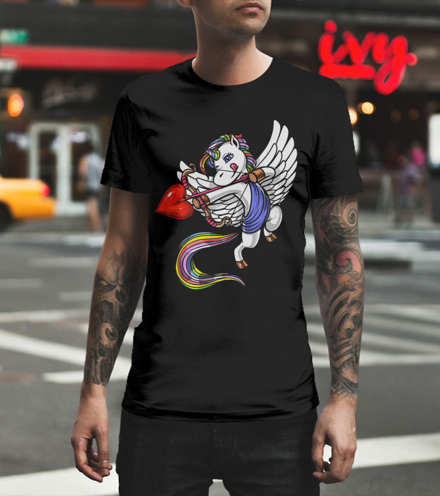 Unicorn Cupid Heart Valentines Day Rainbow Pegasus T-Shirt