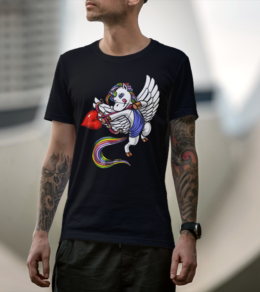 Unicorn Cupid Heart Valentines Day Rainbow Pegasus T-Shirt
