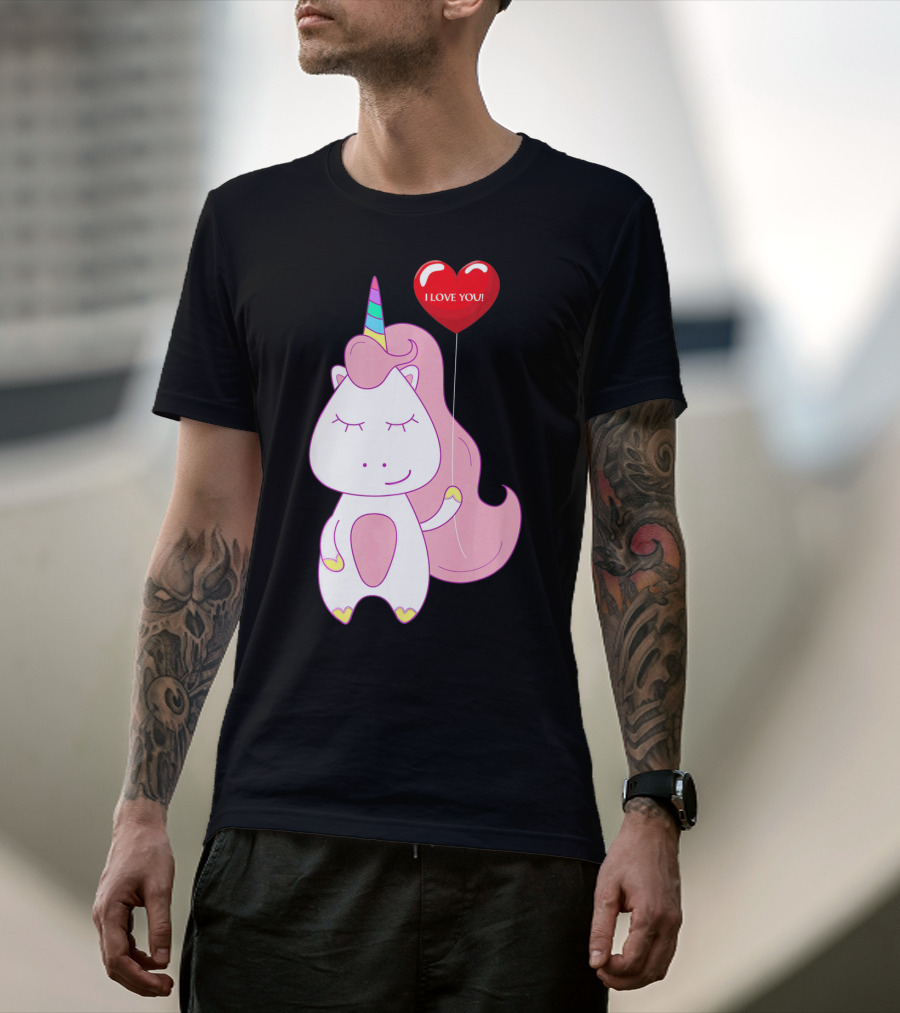 Unicorn Holding Heart Balloon With I Love You Message Valentine T-Shirt