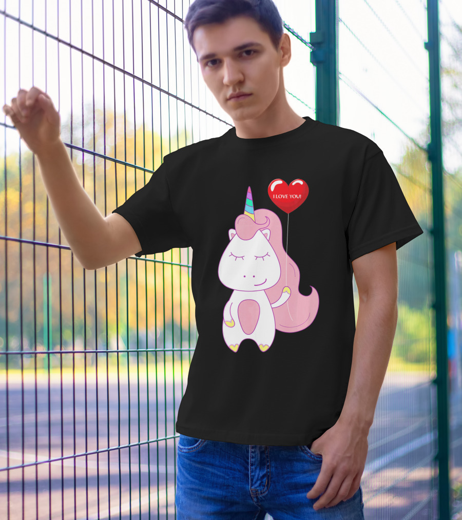 Unicorn Holding Heart Balloon With I Love You Message Valentine T-Shirt