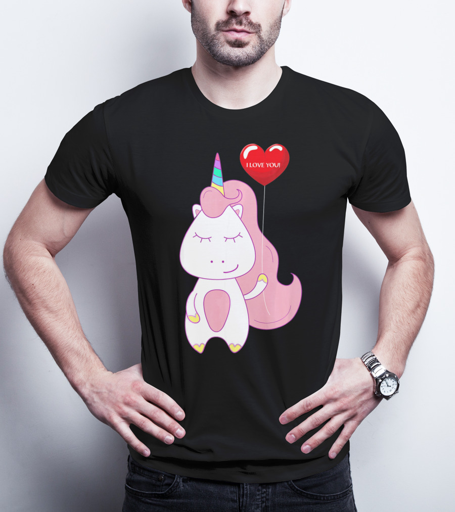 Unicorn Holding Heart Balloon With I Love You Message Valentine T-Shirt