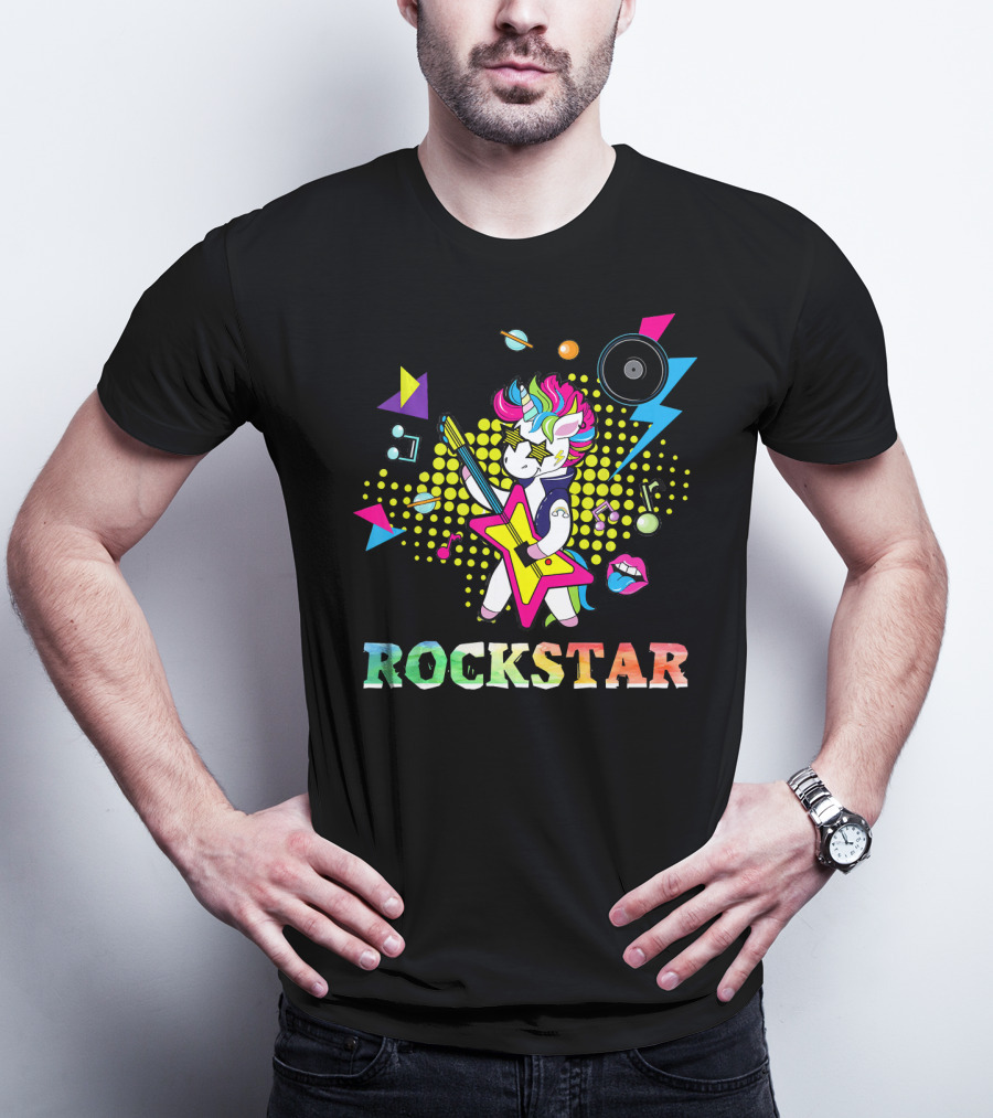 Unicorn Rock Star With Guitar Colorful Music Elements And Neon Symbols T-Shirt