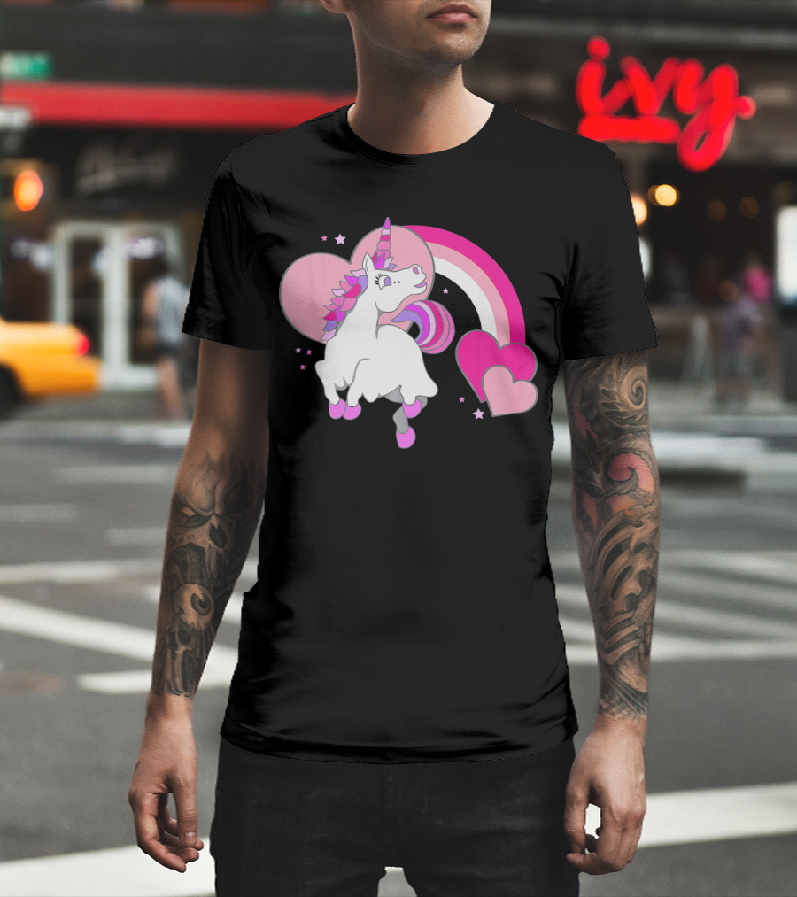 Unicorn Valentines Day Heart Rainbow Pink Stars T-Shirt