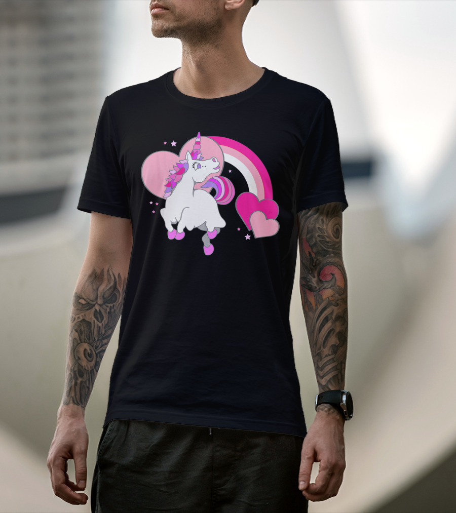Unicorn Valentines Day Heart Rainbow Pink Stars T-Shirt
