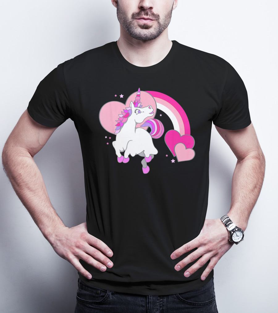 Unicorn Valentines Day Heart Rainbow Pink Stars T-Shirt