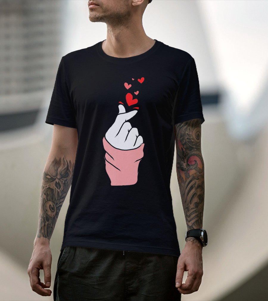 Korean Finger Heart Gesture With Floating Hearts For Valentine's Day T-Shirt
