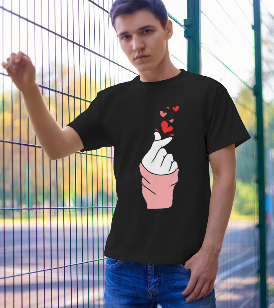 Korean Finger Heart Gesture With Floating Hearts For Valentine's Day T-Shirt