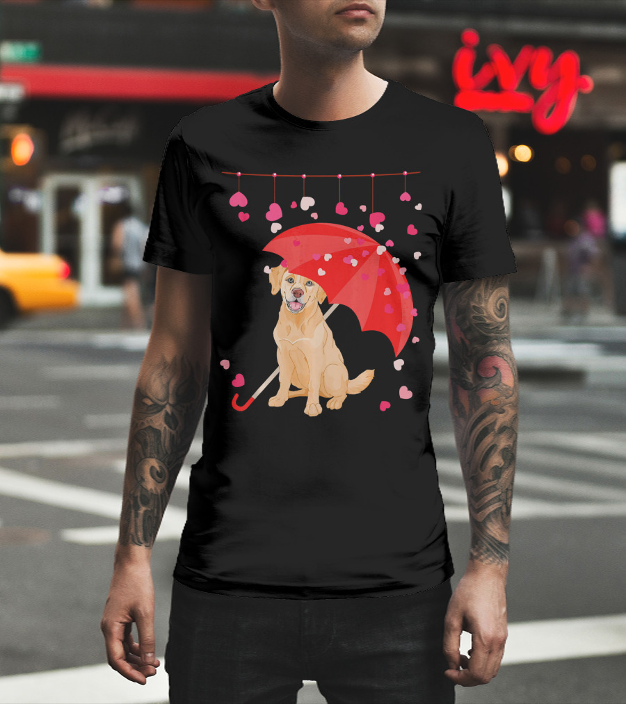 Labrador Retriever Under Umbrella With Falling Hearts Valentine's Day T-Shirt