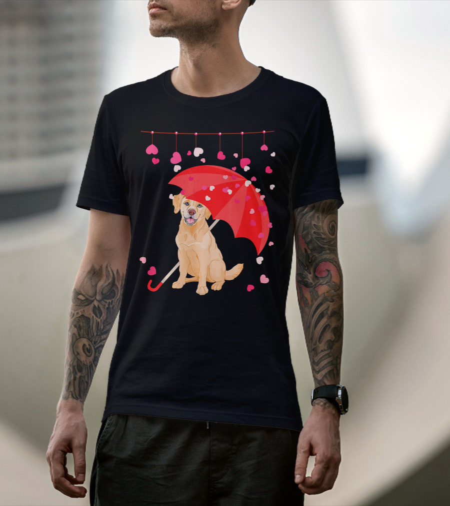 Labrador Retriever Under Umbrella With Falling Hearts Valentine's Day T-Shirt