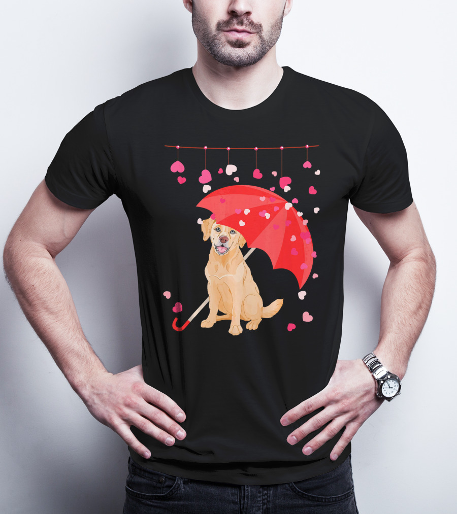 Labrador Retriever Under Umbrella With Falling Hearts Valentine's Day T-Shirt