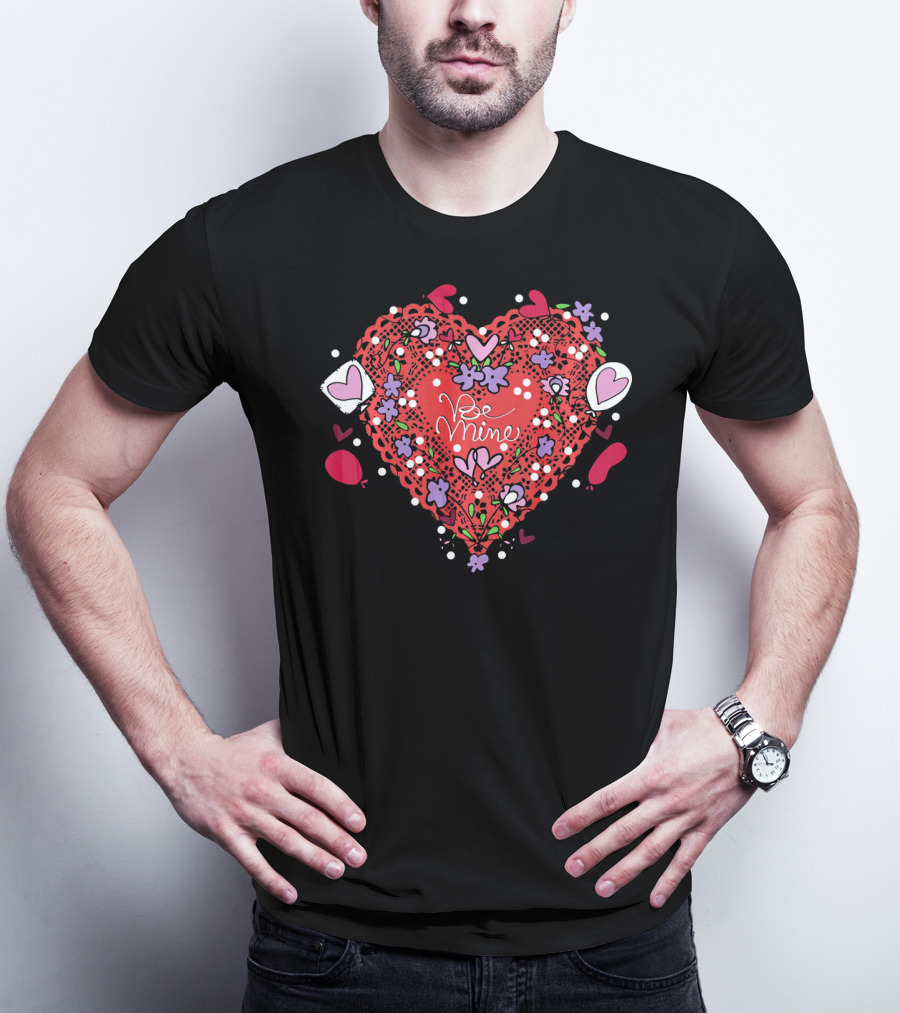 Be Mine Lace Hearts Balloons Flowers T-Shirt