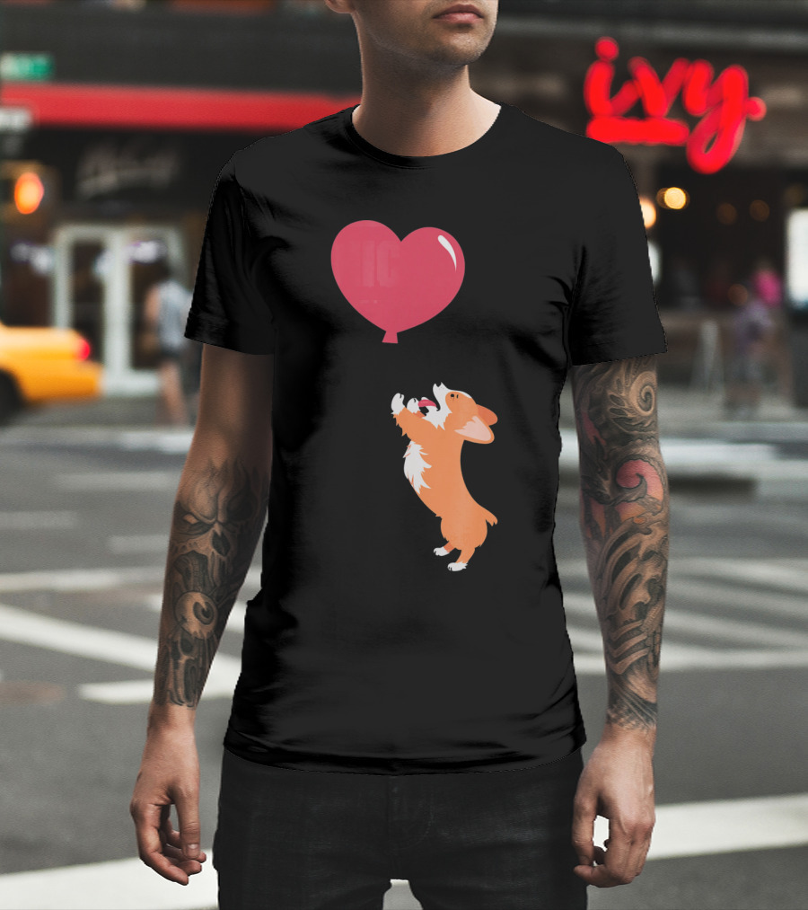 Little Corgi Puppy Dog Reaching For Red Heart Balloon T-Shirt