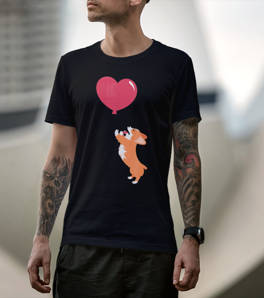 Little Corgi Puppy Dog Reaching For Red Heart Balloon T-Shirt