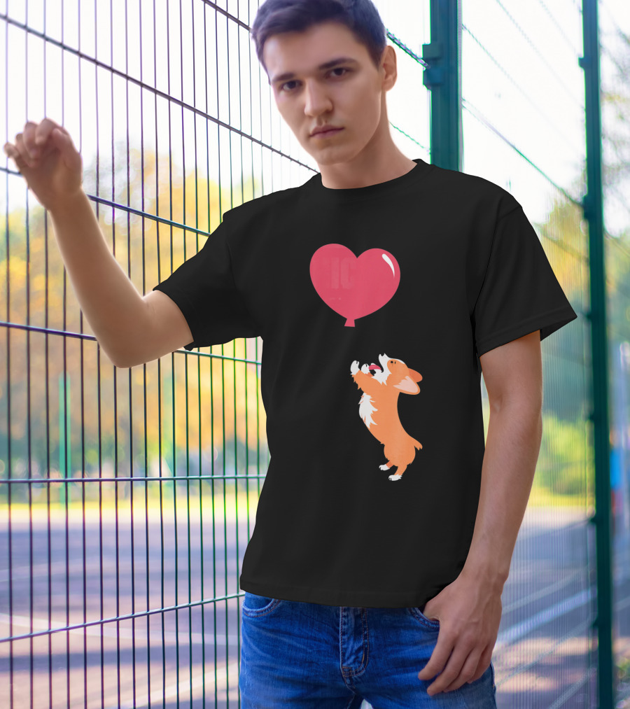 Little Corgi Puppy Dog Reaching For Red Heart Balloon T-Shirt