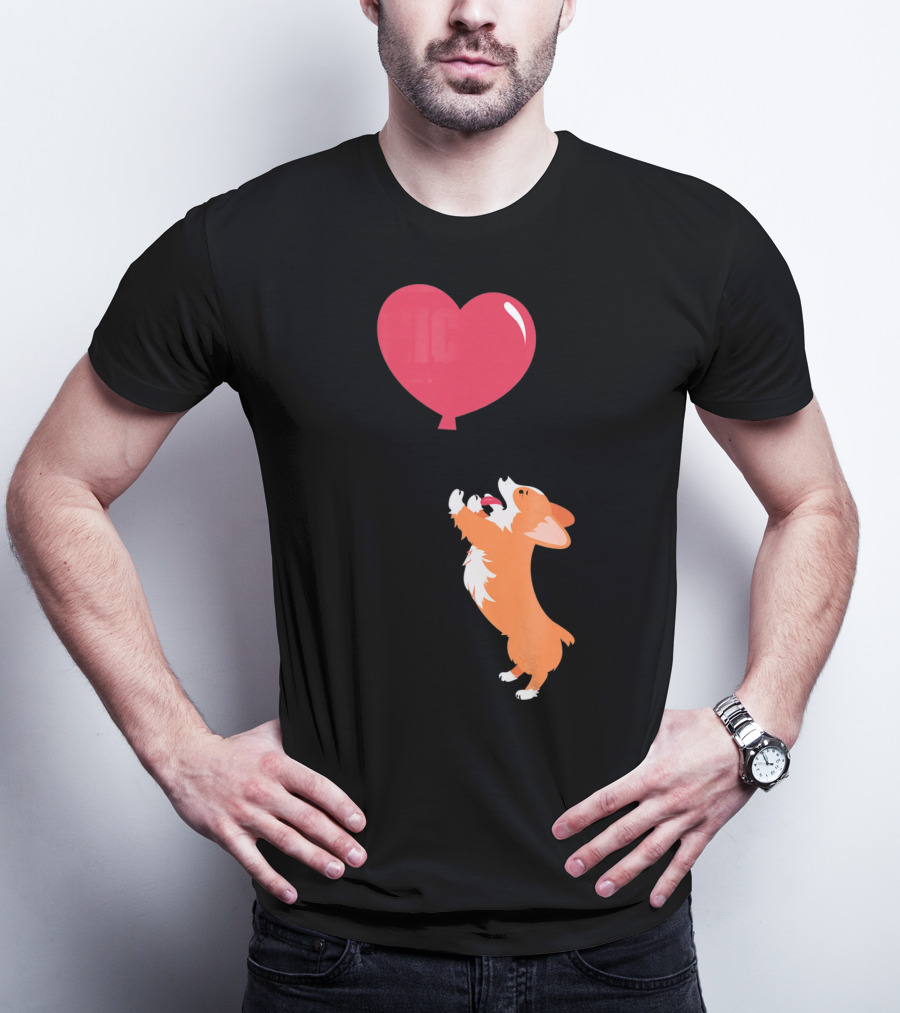 Little Corgi Puppy Dog Reaching For Red Heart Balloon T-Shirt