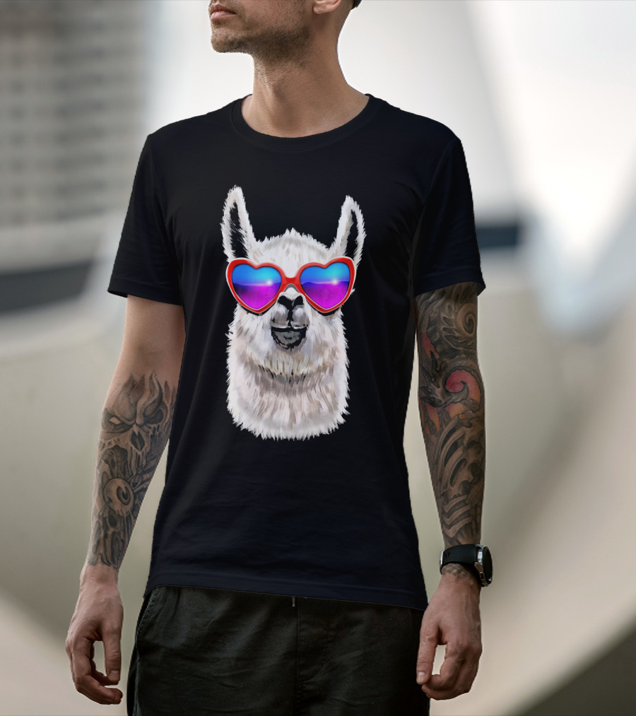 Llama Valentine's Day Heart Sunglasses Fashion T-Shirt