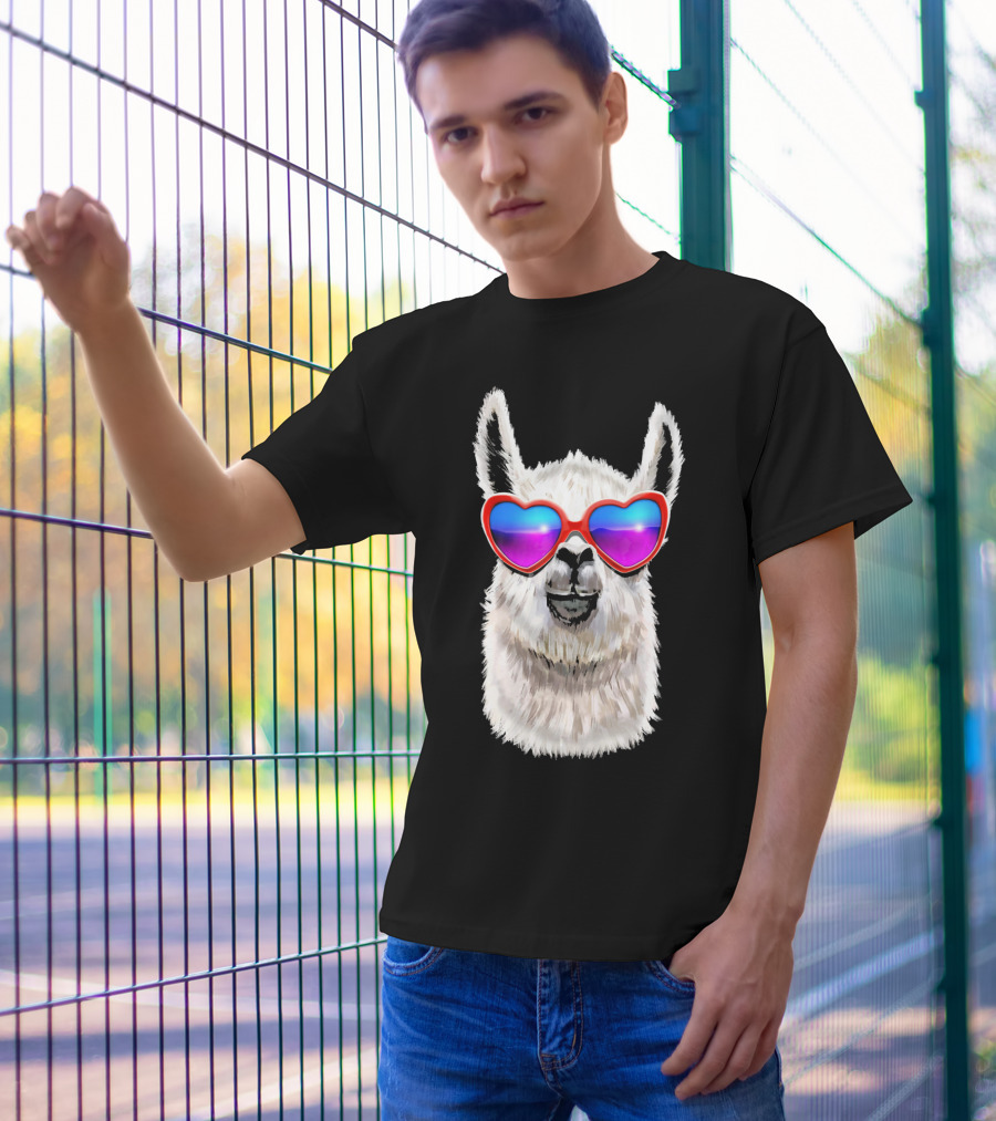 Llama Valentine's Day Heart Sunglasses Fashion T-Shirt