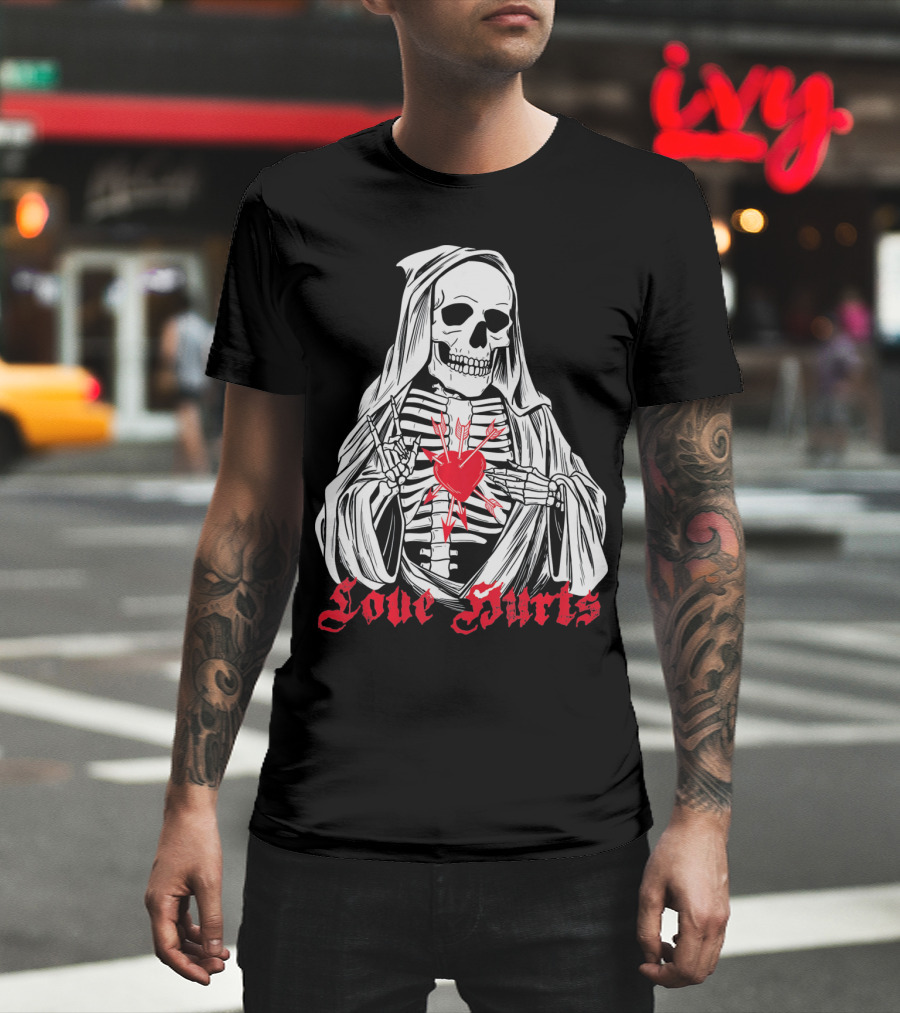 Love Hurts Grim Reaper Skull Heart Arrows Death T-Shirt