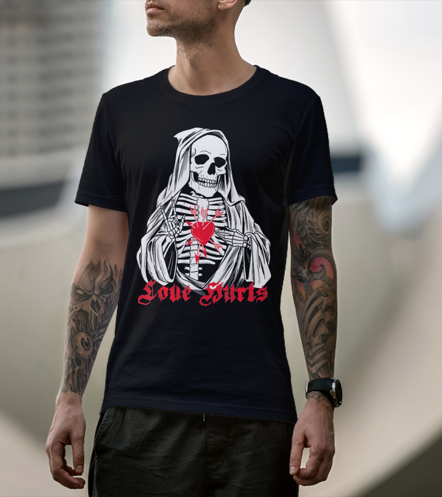Love Hurts Grim Reaper Skull Heart Arrows Death T-Shirt