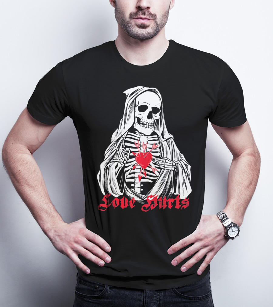Love Hurts Grim Reaper Skull Heart Arrows Death T-Shirt