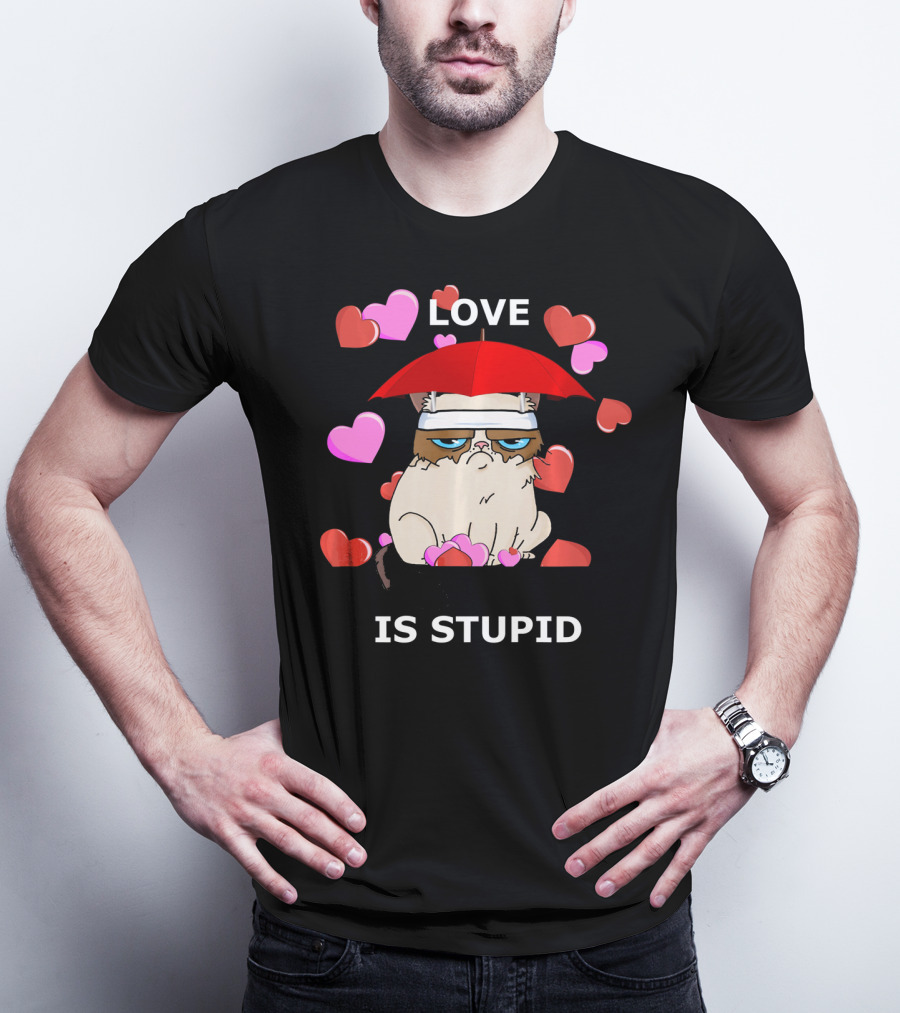 Love Is Stupid Valentines Cat With Hearts And Red Umbrella T-Shirt