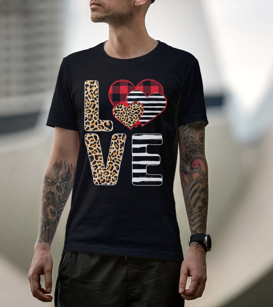 Love Valentines Day Hearts Leopard Buffalo Plaid Stripe T-Shirt