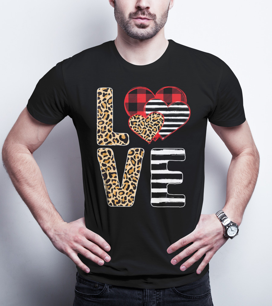 Love Valentines Day Hearts Leopard Buffalo Plaid Stripe T-Shirt