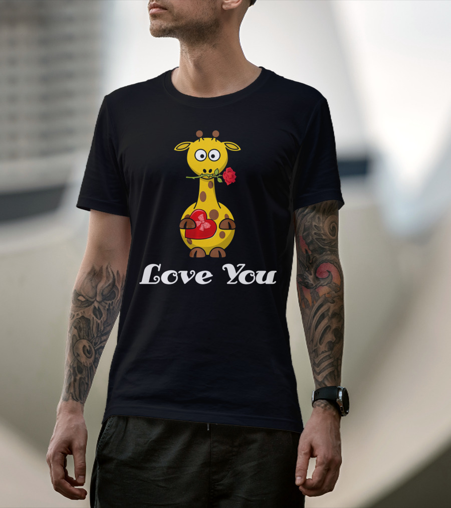 Love You Cute Giraffe Holding Rose And Heart Valentine T-Shirt