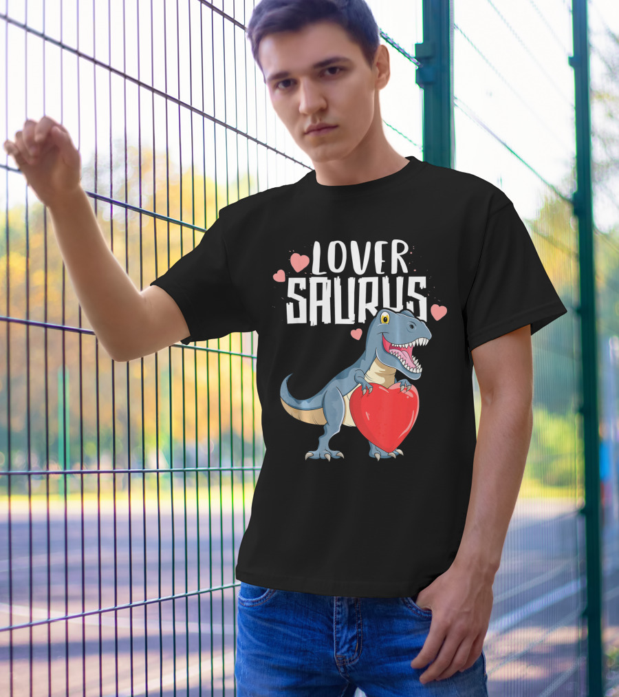 Lover Saurus Dinosaur Holding Heart With Loveasaurus Valentines T-Shirt