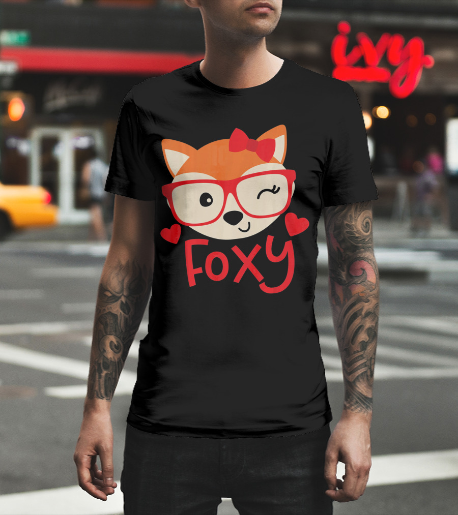 Foxy Cute Winking Fox With Glasses And Bow Valentine Hearts T-Shirt