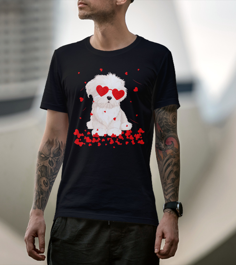 Maltese Dog With Heart Glasses Surrounded By Valentine Hearts T-Shirt