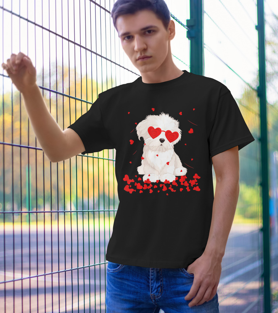 Maltese Dog With Heart Glasses Surrounded By Valentine Hearts T-Shirt