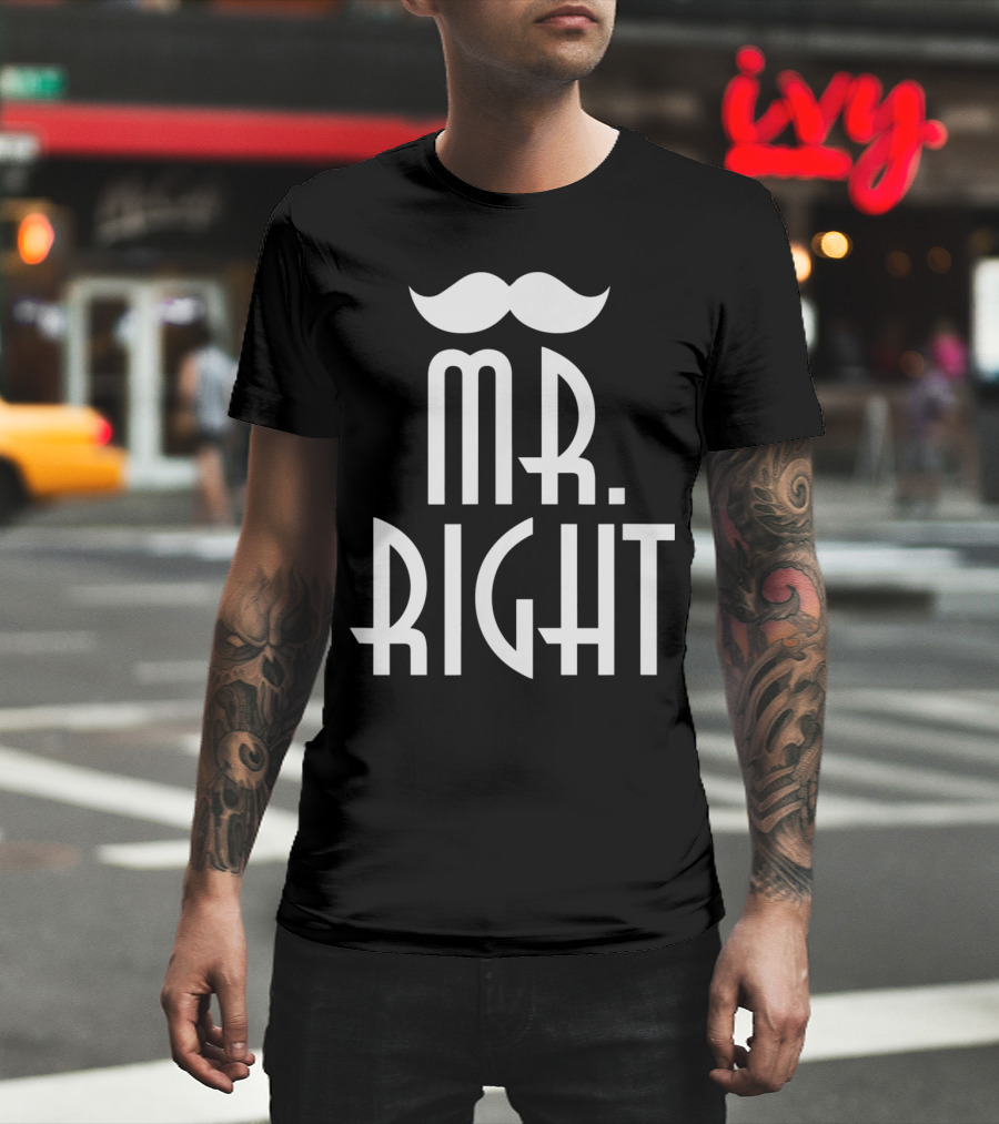 Mens Mr. Right Mrs. Always Right Matching Moustache T-Shirt