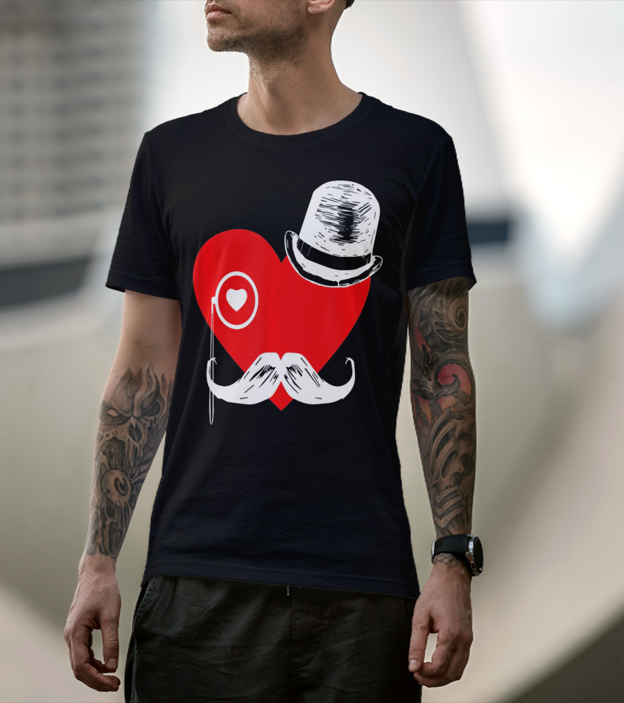 Heart Mustache Monocle Top Hat Valentines Day T-Shirt