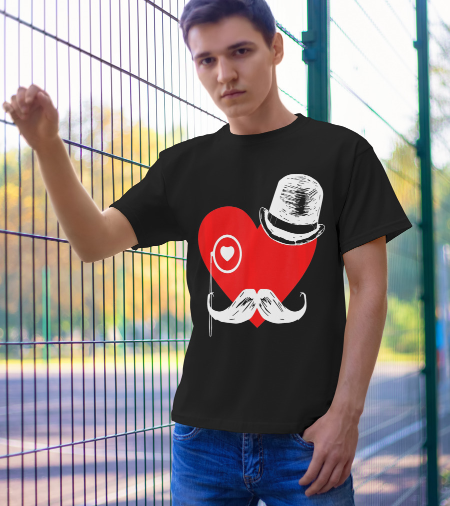 Heart Mustache Monocle Top Hat Valentines Day T-Shirt