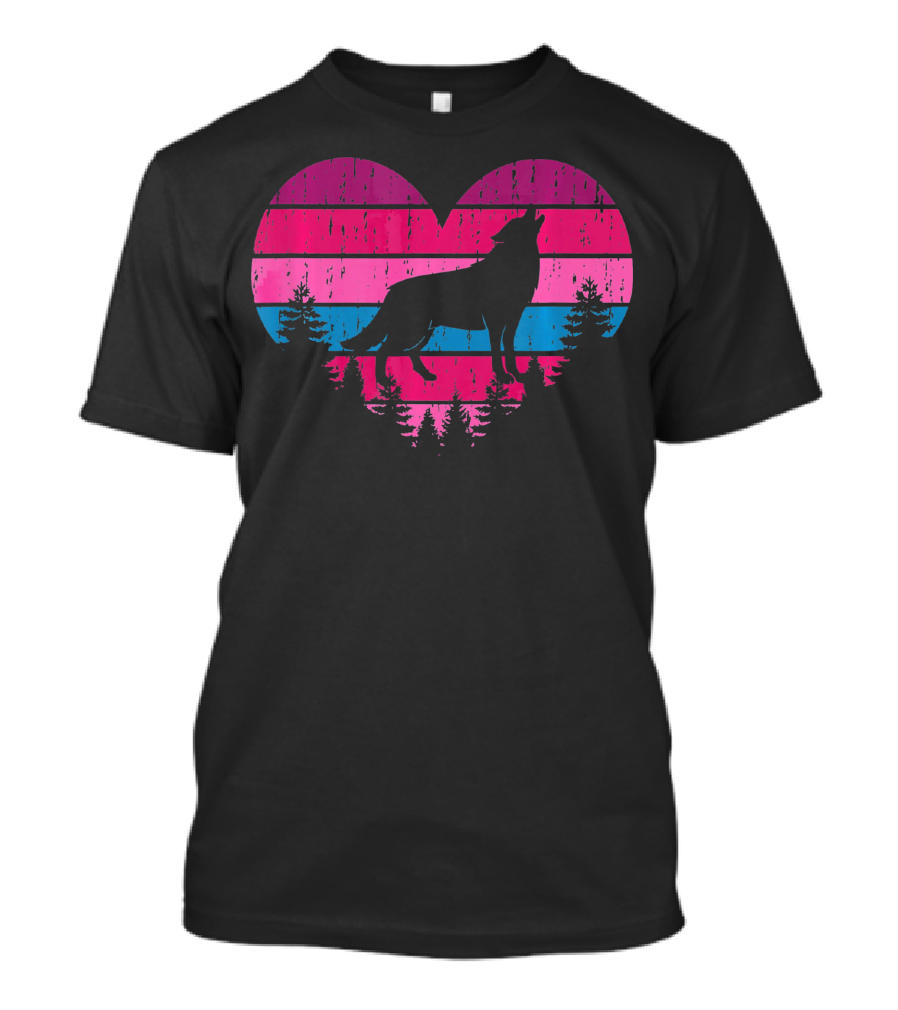 Wolf Girl Valentines Day Heart Silhouette With Howling Wolf And Forest Horizon T-Shirt