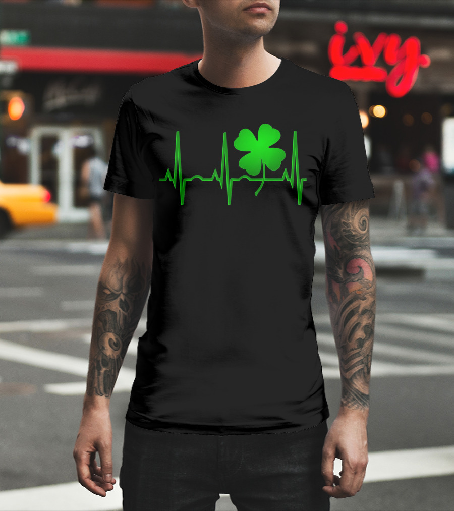 St Patricks Day Irish Shamrock Heartbeat EKG T-Shirt