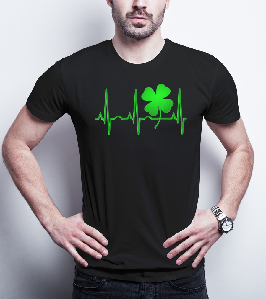 St Patricks Day Irish Shamrock Heartbeat EKG T-Shirt