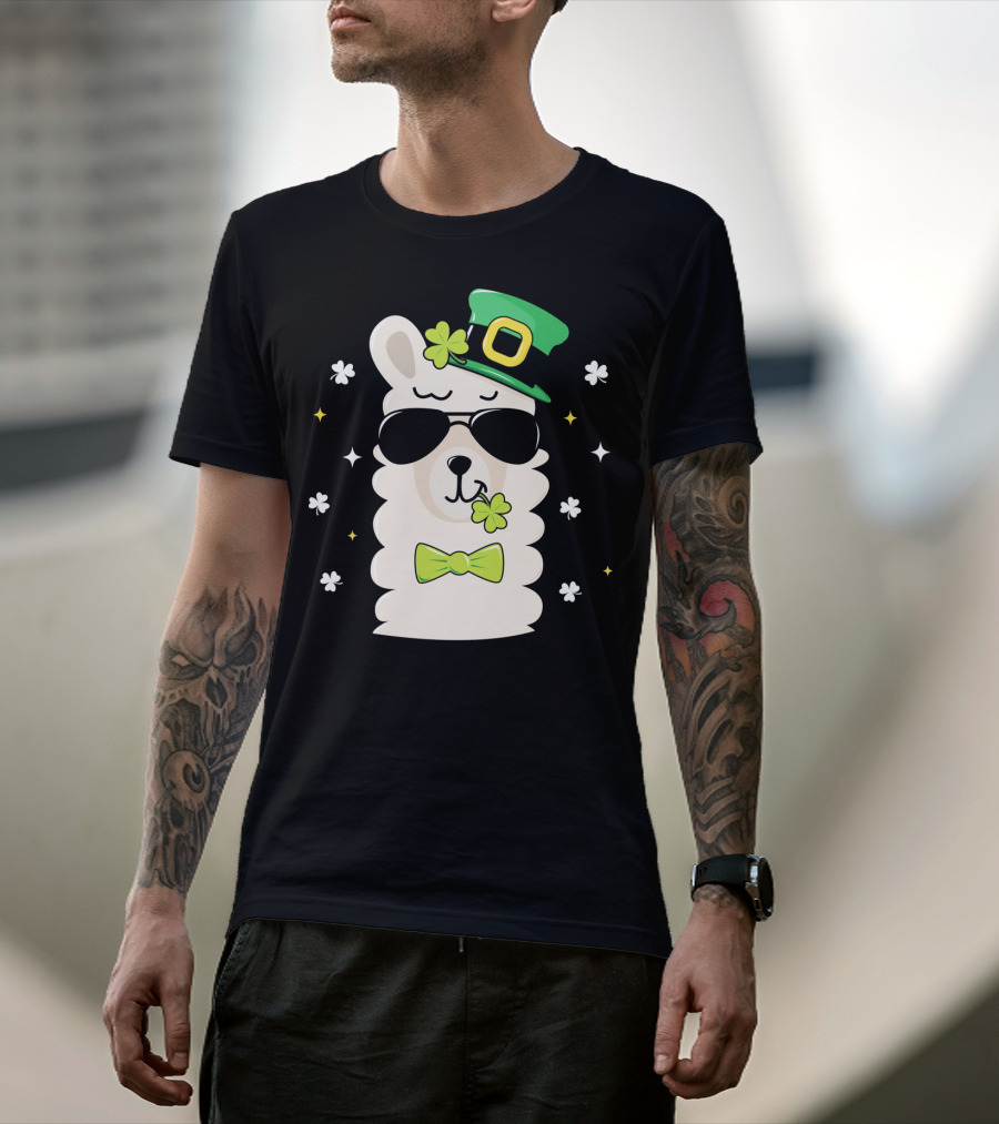 Llama Leprechaun Kids St Patricks Day Clover Hat Sunglasses Bow Tie T-Shirt