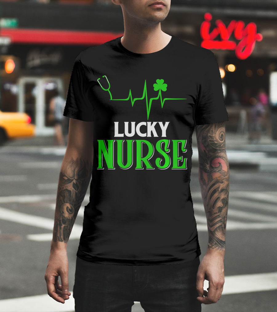 LUCKY NURSE Stethoscope Shamrock Heartbeat T-Shirt