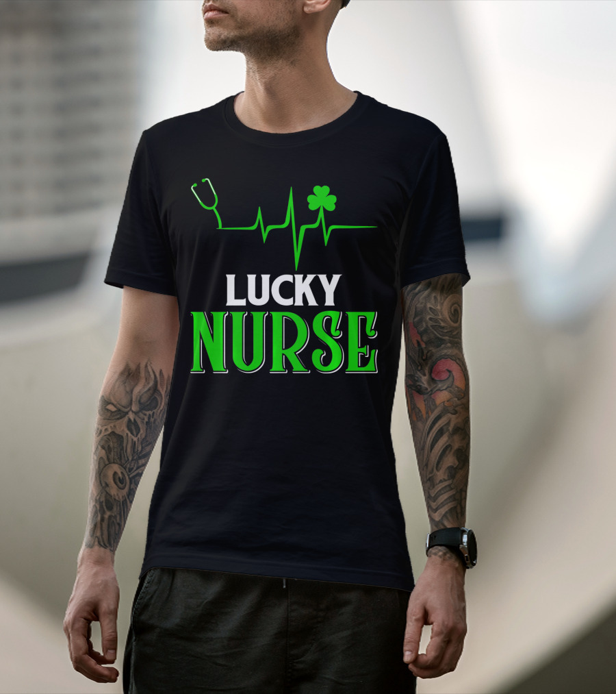 LUCKY NURSE Stethoscope Shamrock Heartbeat T-Shirt